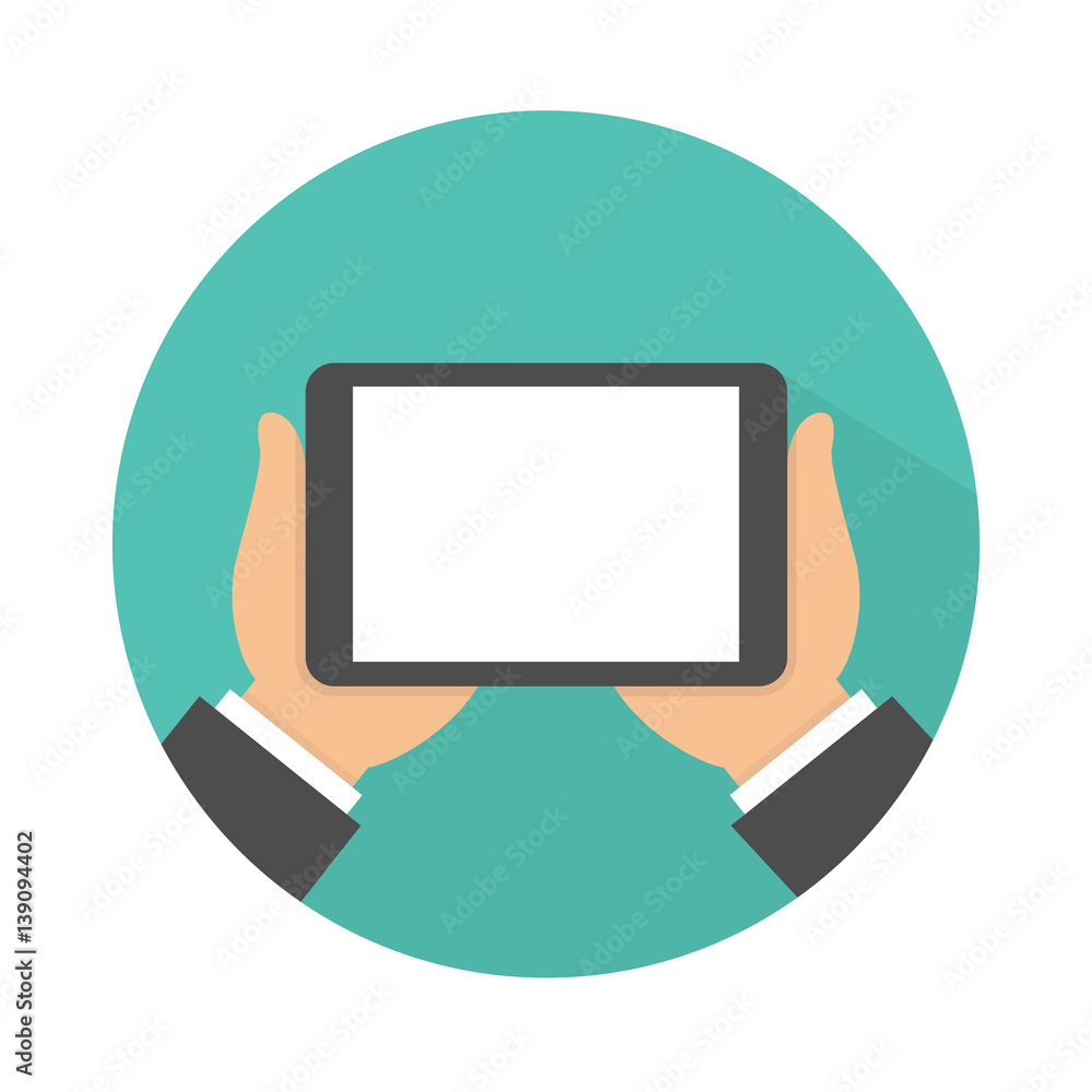 Hand holding tablet icon with blank screen and long shadow. Horizontal ...