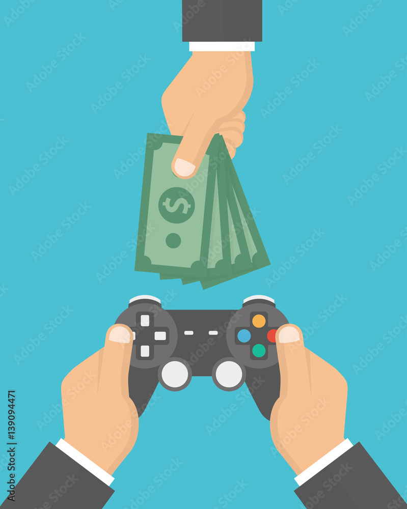 Playing games for money concept. Hand holding game controller and ...