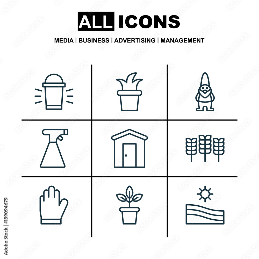 Set Of 9 Plant Icons. Includes Flowerpot, Dwarf, Sprinkler And Other ...
