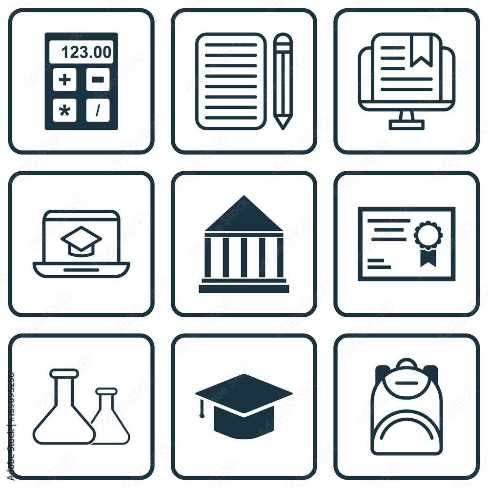Set Of 9 Education Icons. Includes Certificate, Haversack, Chemical And ...