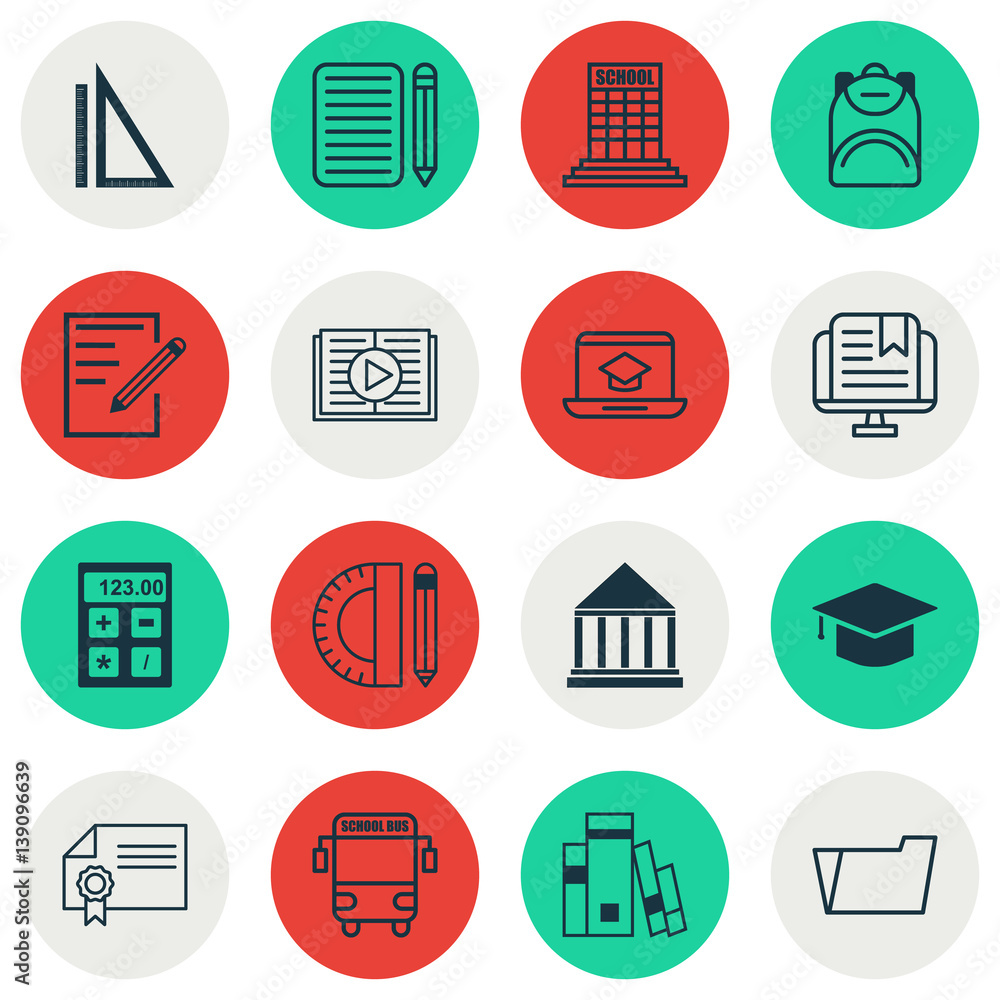 Set Of 16 Education Icons. Includes Graduation, Transport Vehicle, Home ...