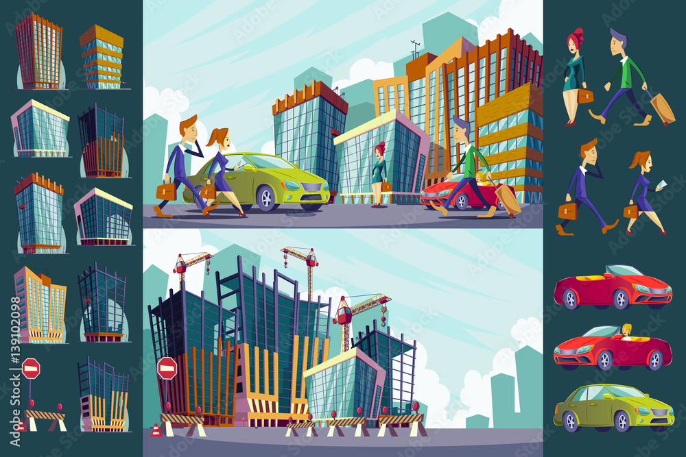 Set vector cartoon illustration of an urban large modern buildings ...