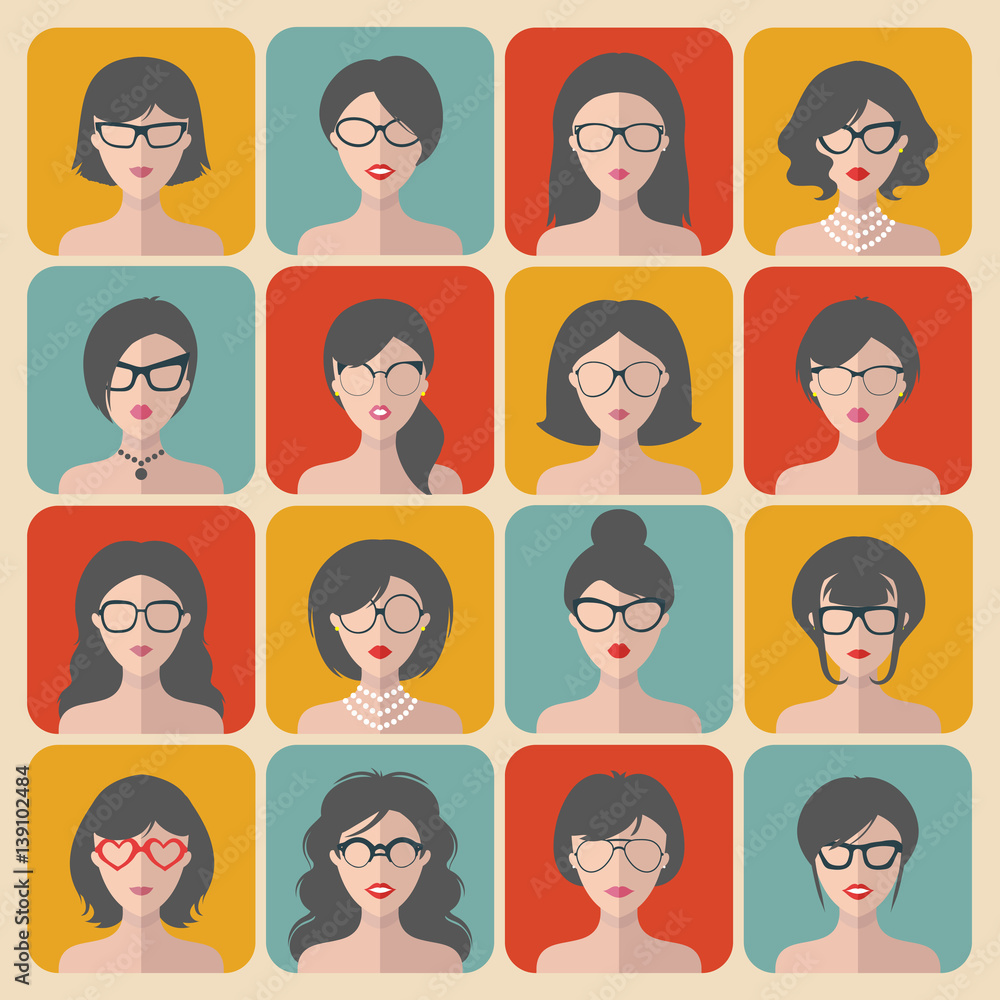 Big vector set of different women app icons in glasses in flat style ...