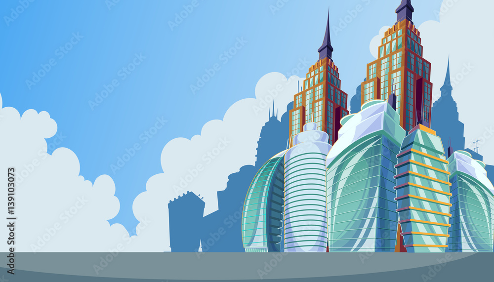 Vector cartoon illustration of an urban landscape with large modern ...