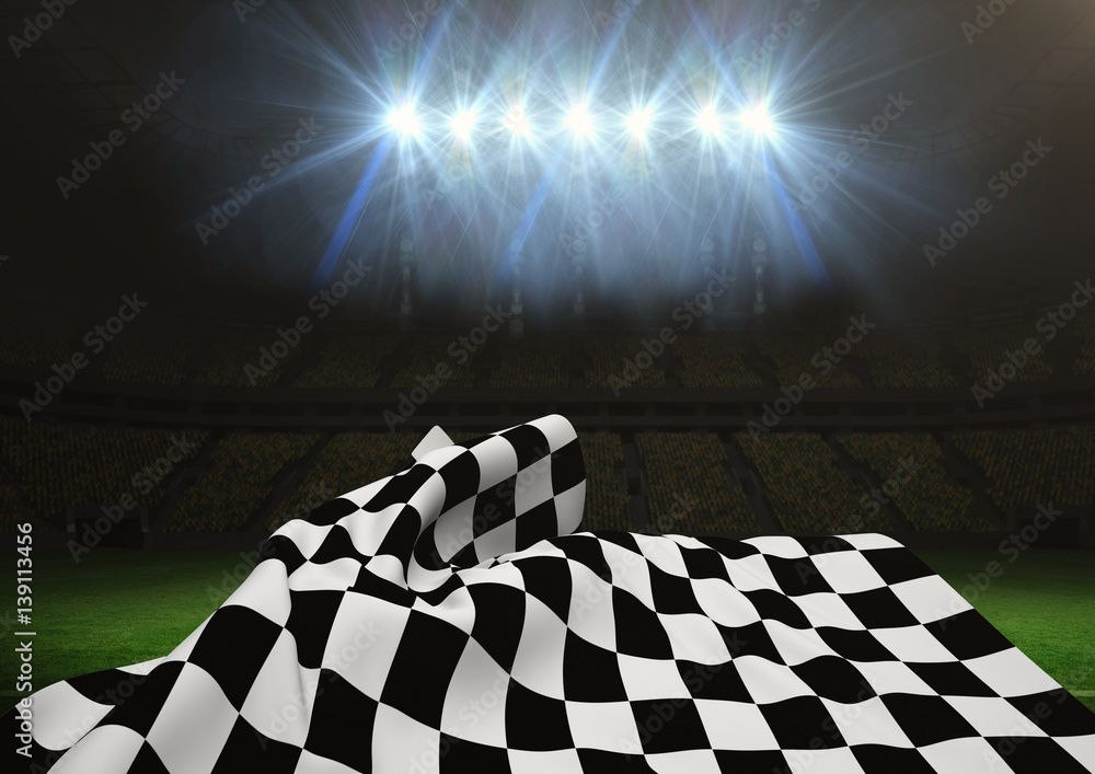 Checkered flag against stadium in background Stock Photo | Adobe Stock