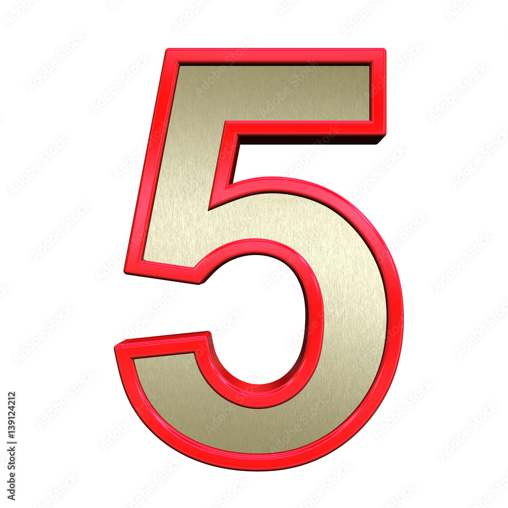 One digit from brushed gold with red frame alphabet set, isolated on ...