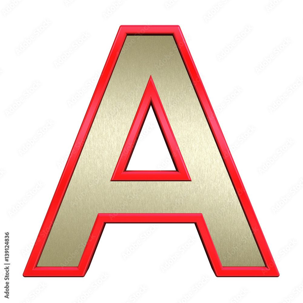 One letter from brushed gold with red frame alphabet set, isolated on ...