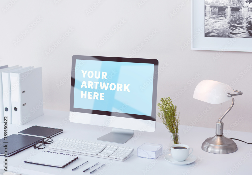 Desktop Computer on Office Desk Mockup 3 Stock Template | Adobe Stock