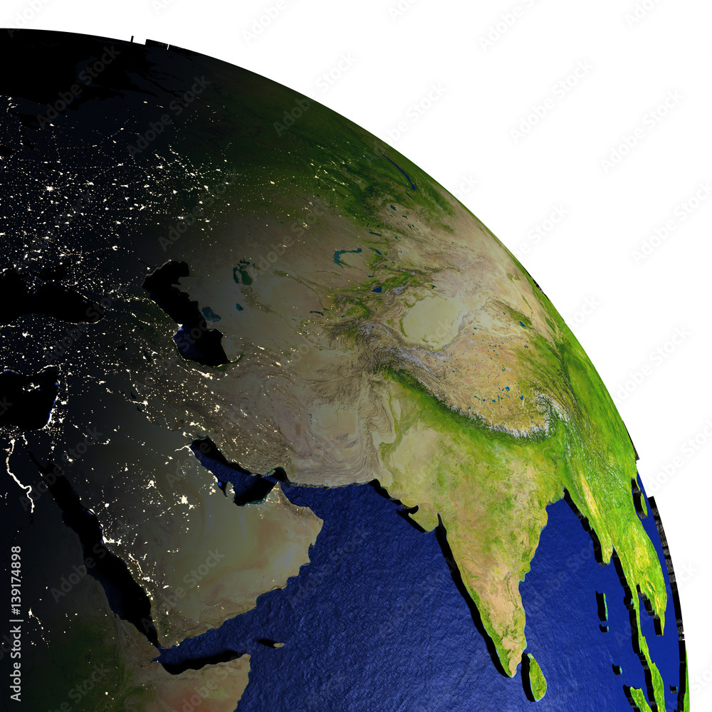 Middle East at night on model of Earth with embossed land Stock ...