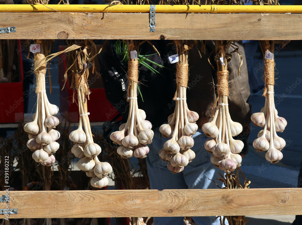 Agricultural background. Farmers market goods display. Stand with the ...