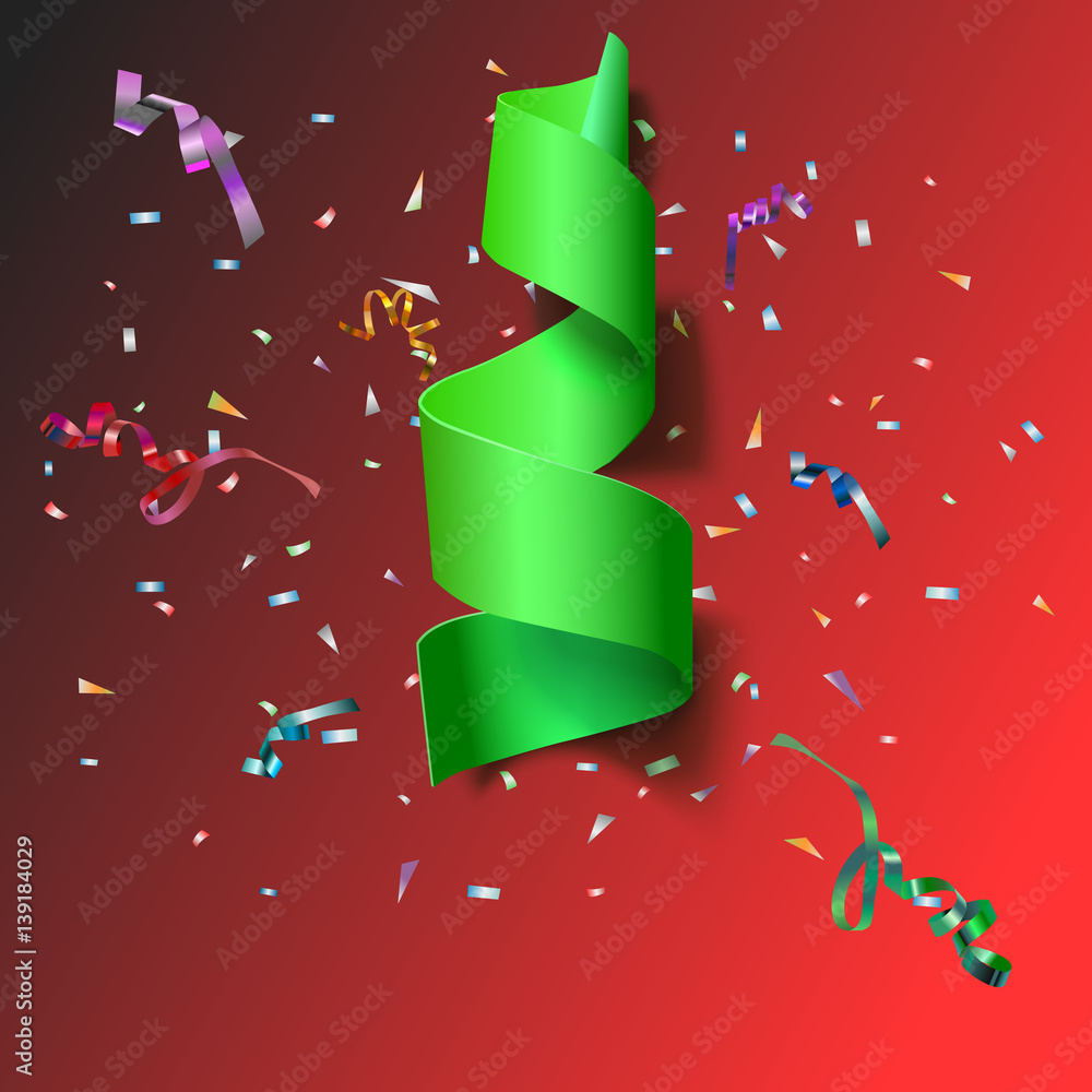 Colorful streamers with confetti. Grteen curved ribbon, on celebration ...