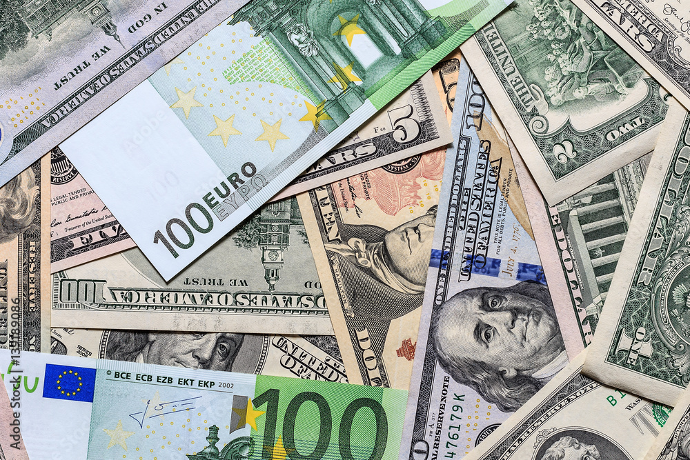 Background with money american dollar and euros bills. Stock Photo ...