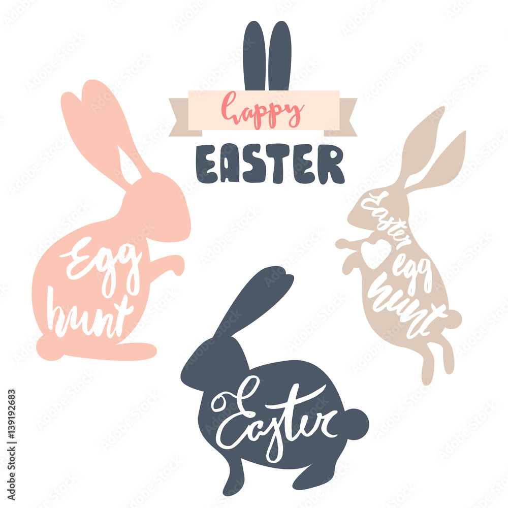 Cute Easter rabbits set with lettering inside shapes. Clipart with ...