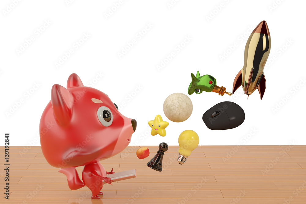 A cartoon fox open book and pop up many things,3D illustration. Stock ...