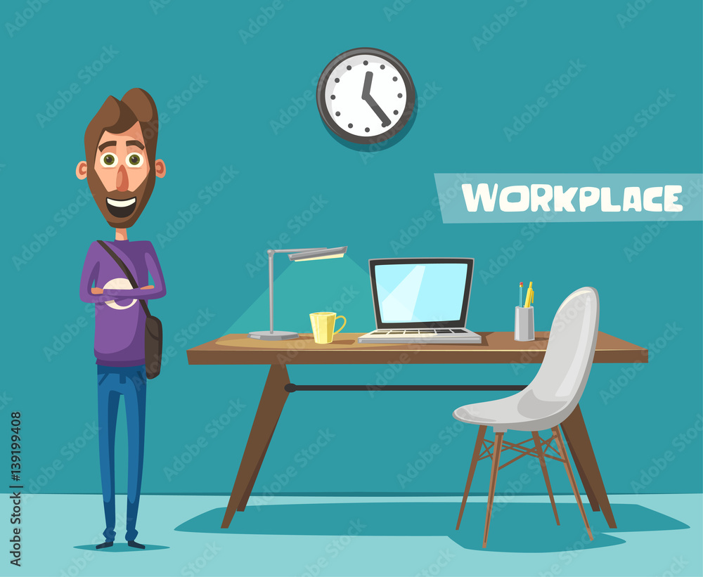 Modern workplace. Creative character. Office work. Cartoon vector ...
