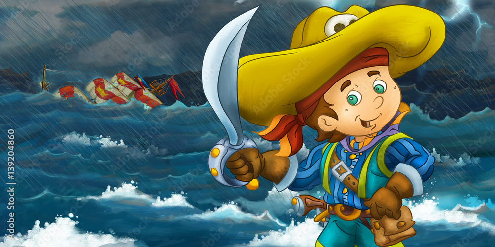 Cartoon happy pirate in front of a wooden ship Stock Illustration ...