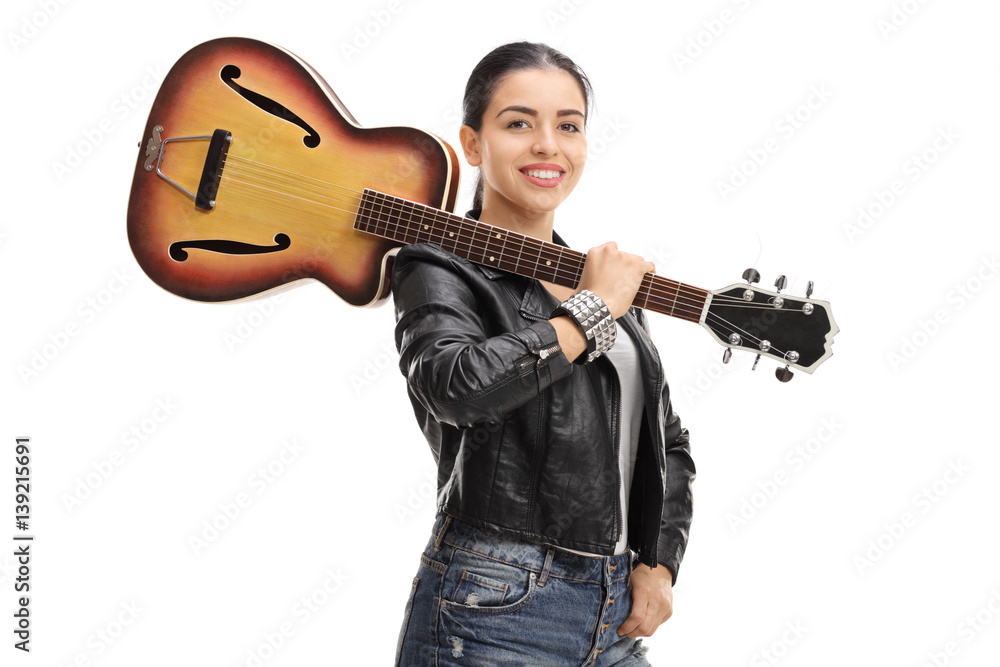 Joyful rock girl with a guitar Stock Photo | Adobe Stock