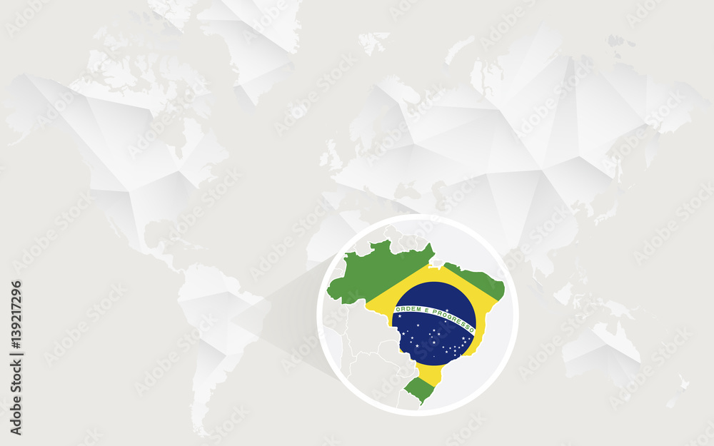 Brazil map with flag in contour on white polygonal World Map. Stock ...