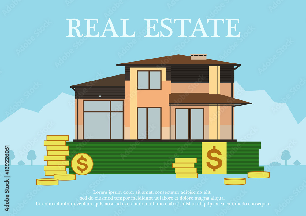 Cute cartoon house for sale or rent in flat building style staing on ...