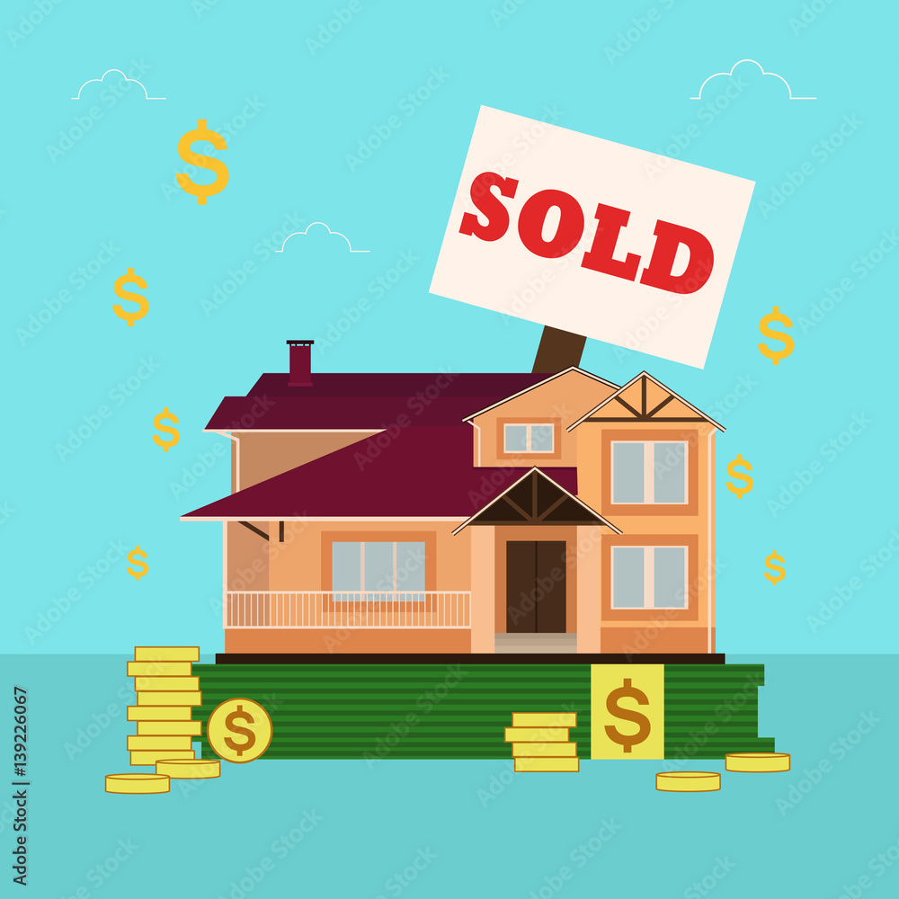 Cute cartoon house for sale or rent in flat building style staing on ...