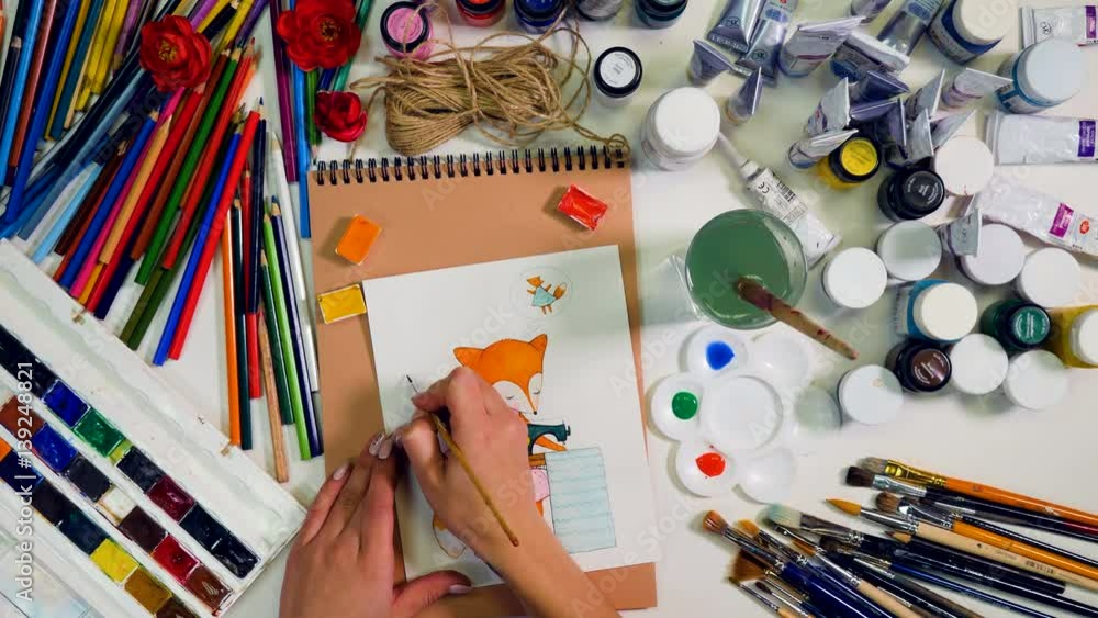 Artist desk from above. Hands drawing using watercolors, art tools. Top ...