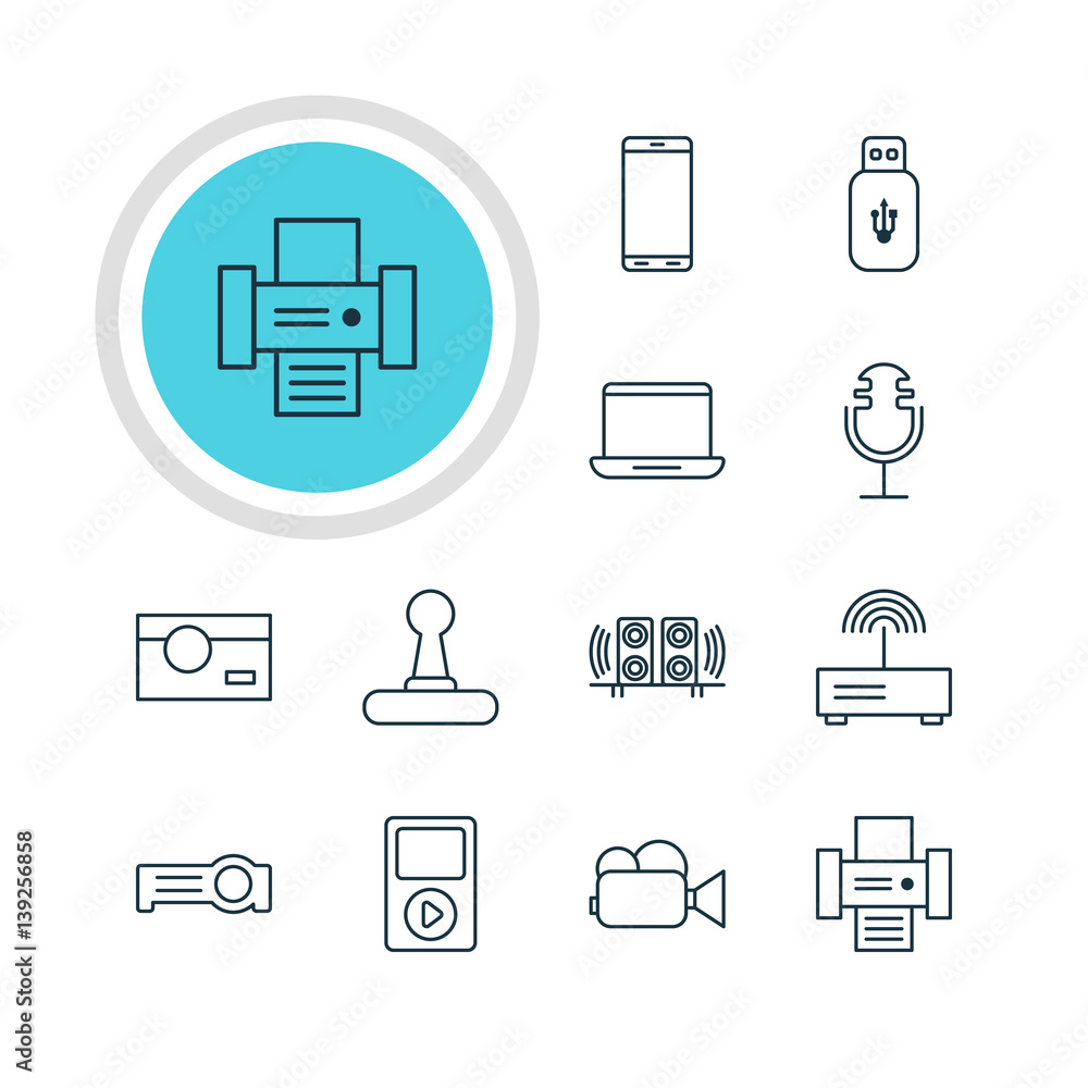 Vector Illustration Of 12 Hardware Icons. Editable Pack Of Photocopier ...