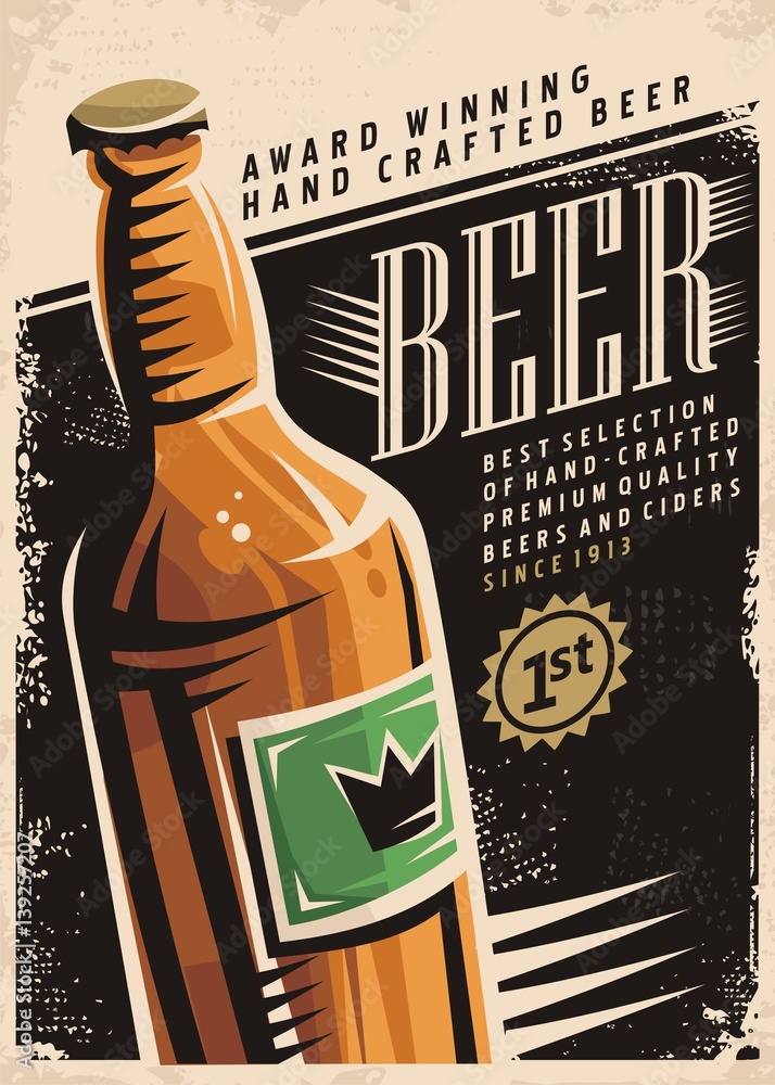 Beer retro poster layout with beer bottle and creative typography on ...