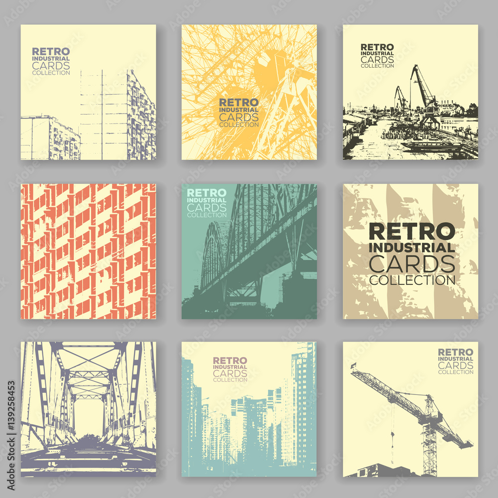 Collection of industrial cards in retro style. Design of square card ...