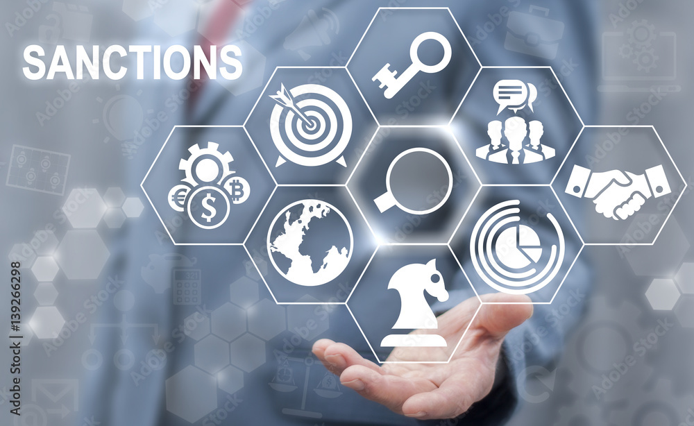 Sanctions Business concept. Businessman offer magnifier icon on virtual ...