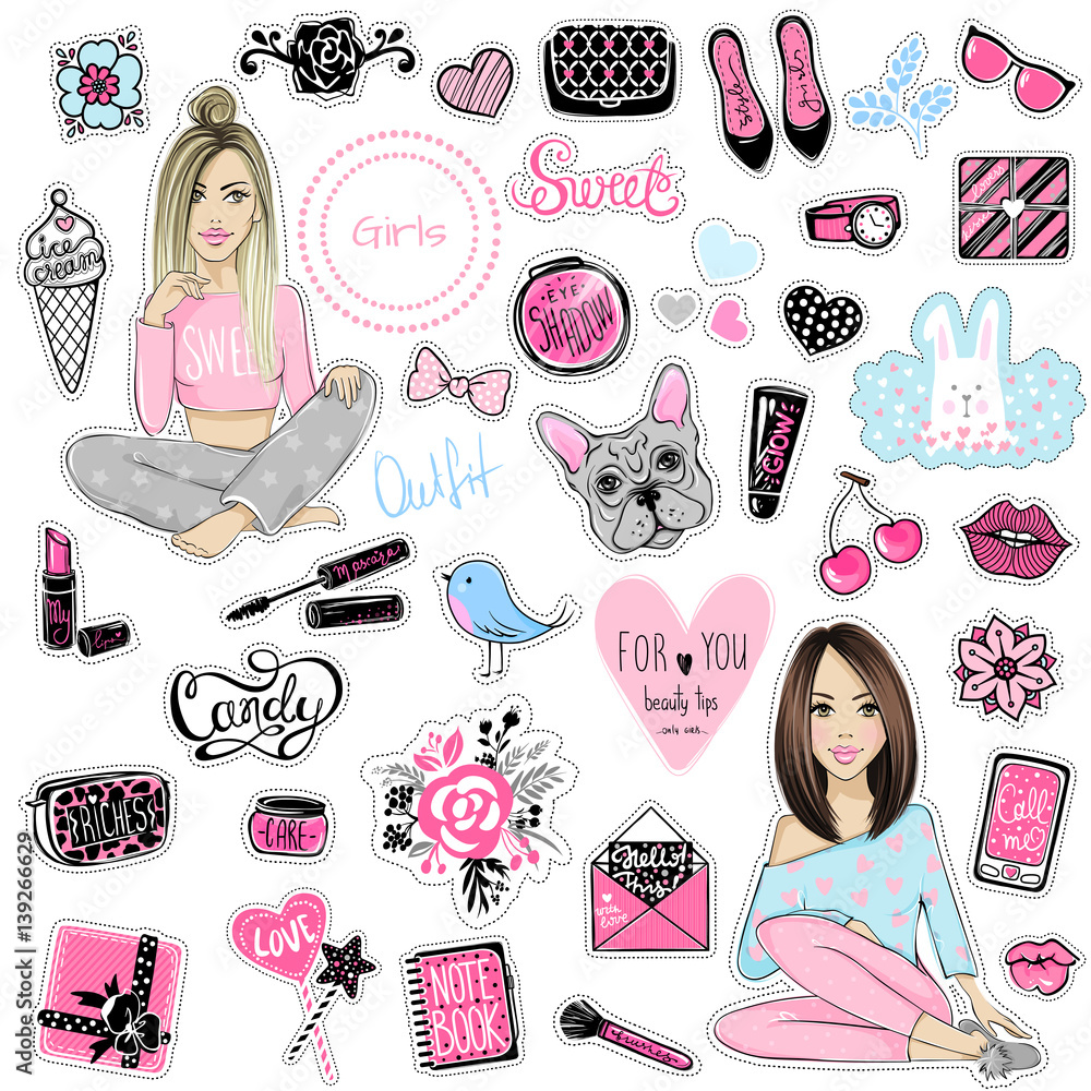 Big Vector kit of fashion patches. Set with glamour elements. Cute ...