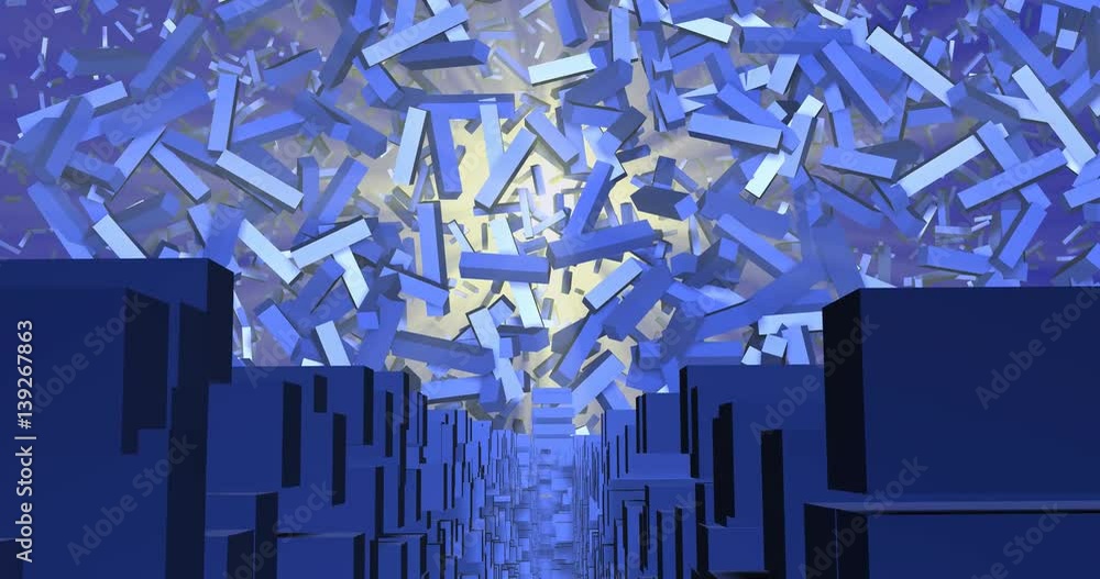 Stylized cubic 3d city , buildings, sky scrapers in light blue fog ...