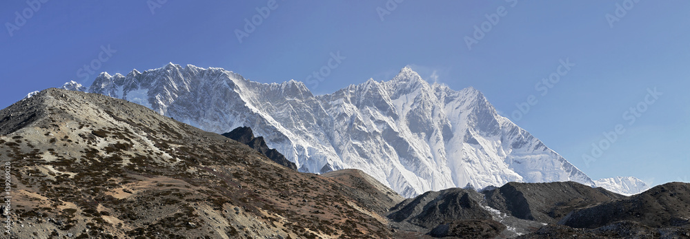 Panoramic high resolution view of the Nuptse wall (top 7864 m) and ...