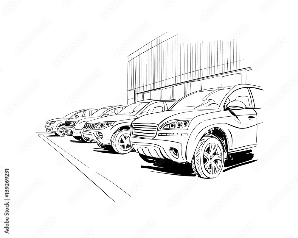 Car showroom exterior design sketch. Hand drawn vector illustration ...