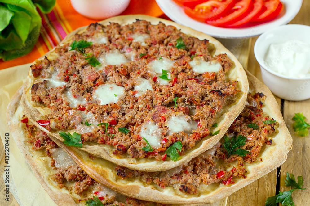 Turkish pizza Lahmajoun Lahmacun with ground beef Stock Photo | Adobe Stock