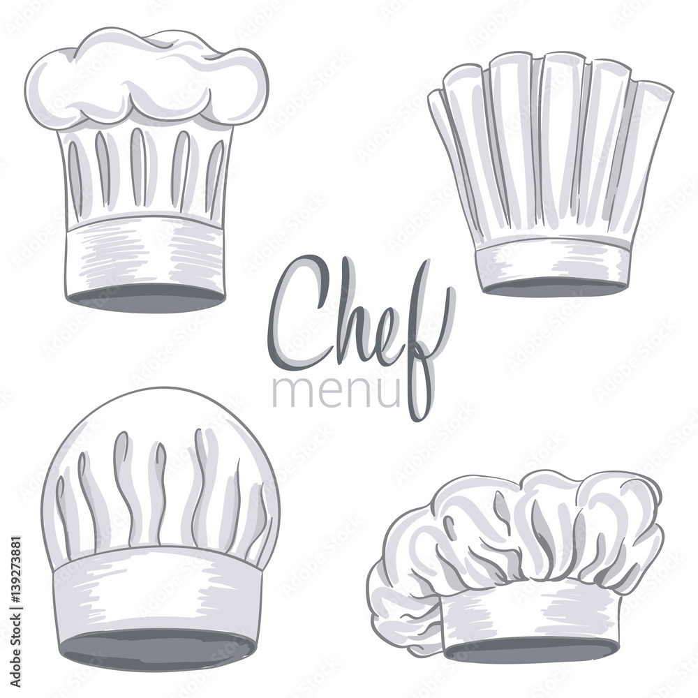 Set of hand drawn chef hat on white. Cooking caps drawings isolated on ...