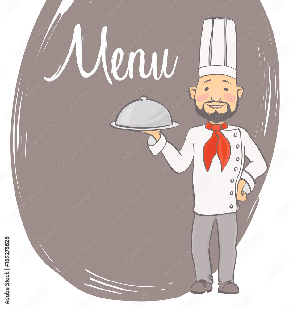 Cartoon character chef holding a silver food plate and menu background ...