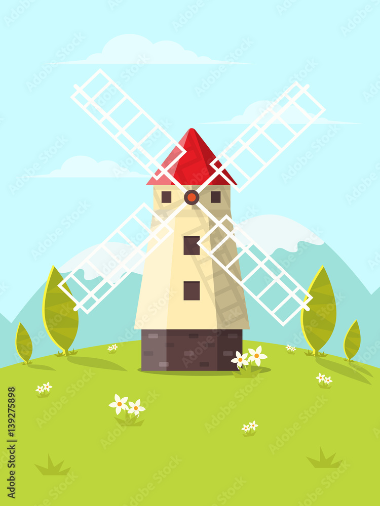 Nature Landscape Background with Windmill. Flat Design Style. Stock ...