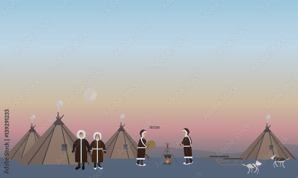 Vector illustration of northern people and their houses, flat style ...