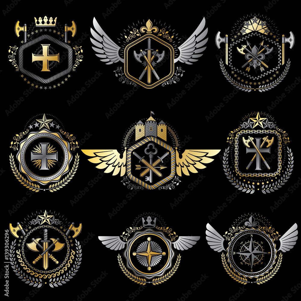 Heraldic decorative emblems made with royal crowns, animal ...