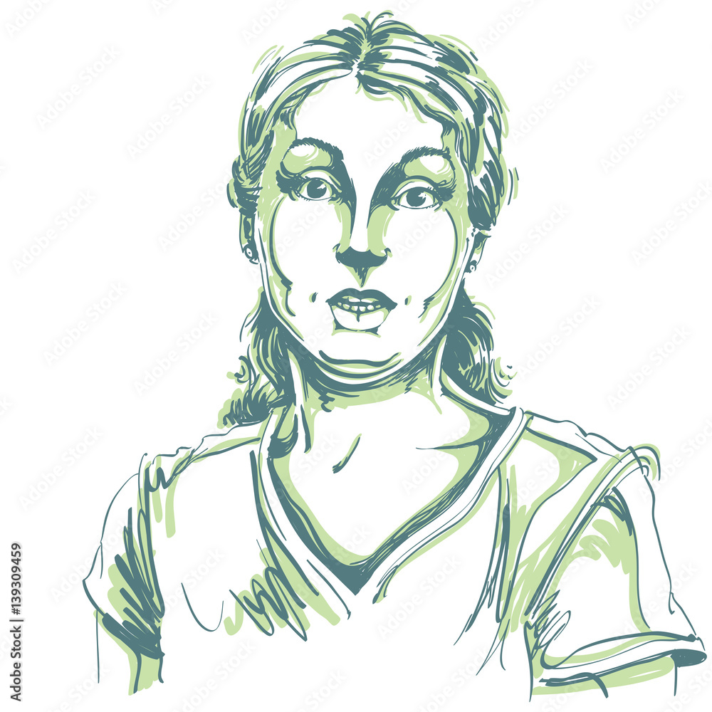 Portrait of skeptic or cynic woman, dizzy girl. Black and white vector ...