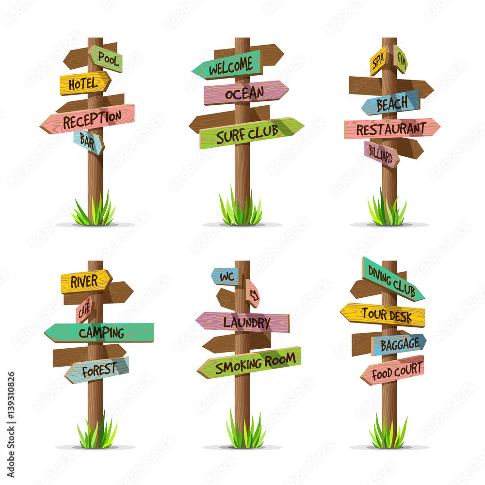 Colored wooden arrow signboards resort vector set. Wood sign post ...