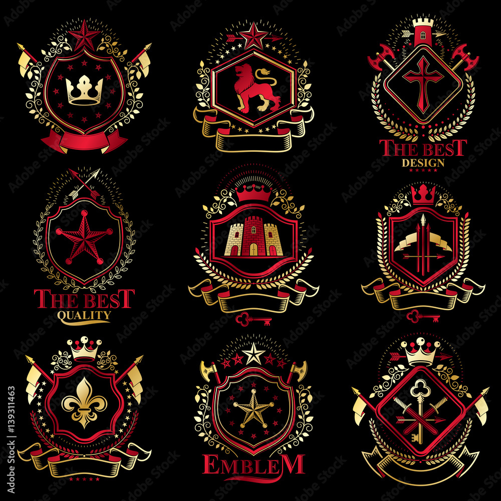 Vintage decorative heraldic vector emblems composed with elements like ...