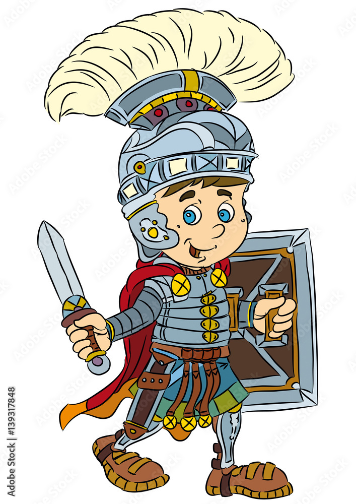 happy smiling cartoon roman soldier general standing with sword and ...
