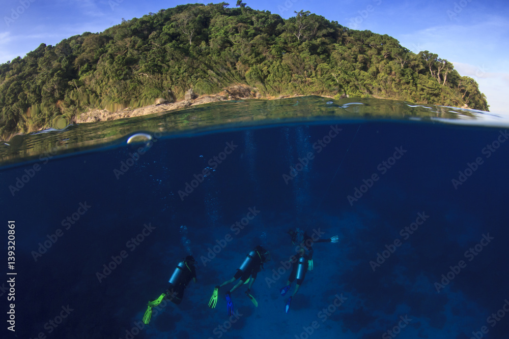 Scuba dive underwater below ocean surface. Half and half image of above ...