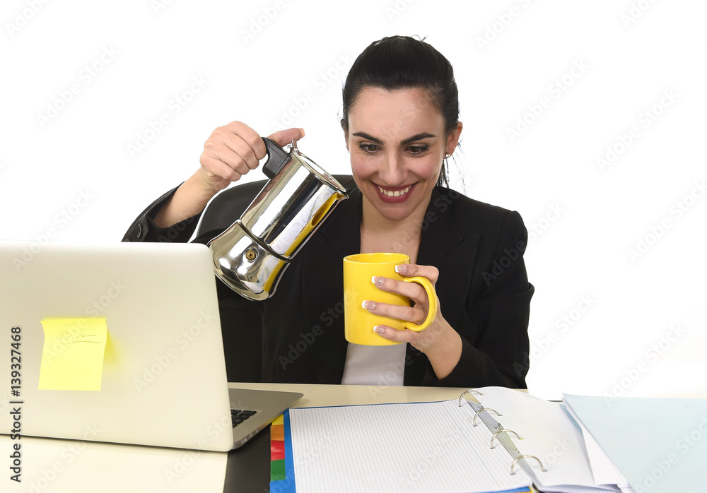 business woman at laptop computer desk drinking coffee excited and ...