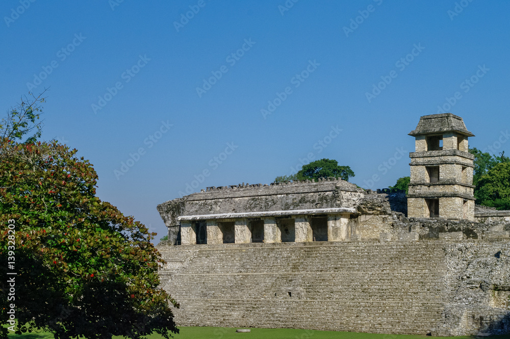 Mayan ruins in Palenque, Chiapas, Mexico. The Palace Observation Tower ...