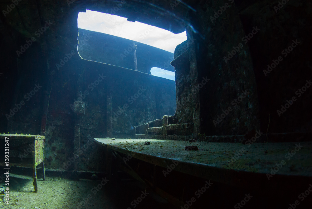 The inside of a room in a sunken shipwreck. The shot was taken with ...