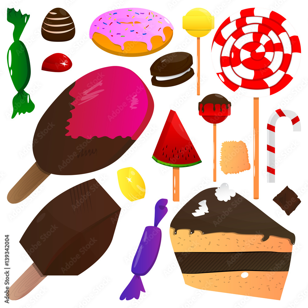 Vector illustrated cartoon set of sweets on white background. Stock ...