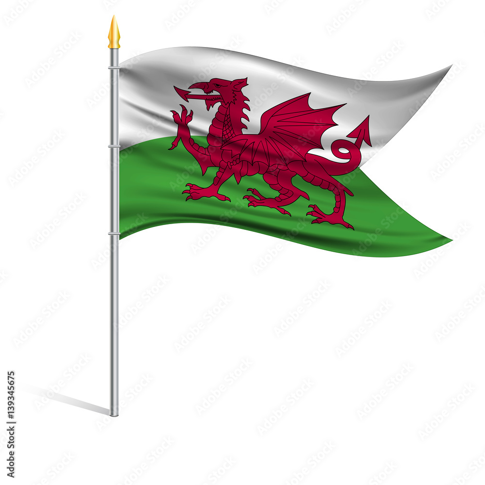 The national flag of Wales on a pole. The wavy fabric. The sign and ...