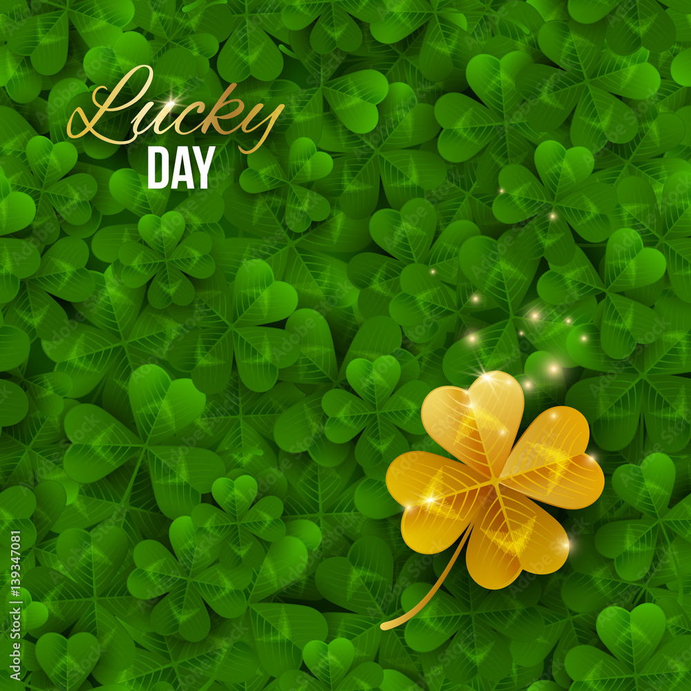 Gold shiny four leaf clover on green clover field. Stock Vector | Adobe ...